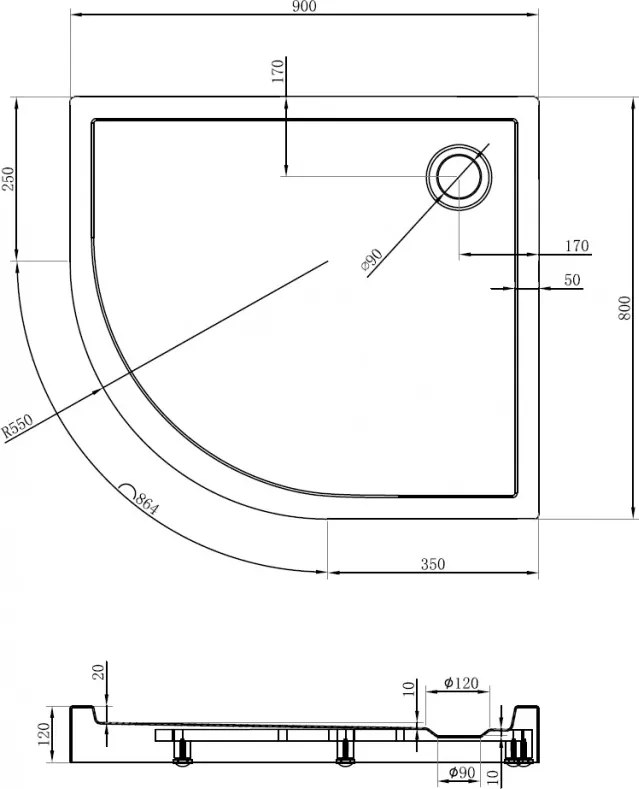 Mexen Flow+ asymetrický pravý čtvrtkruhový sprchový kout 90 x 80 cm, černá matná, 46Q708090RH