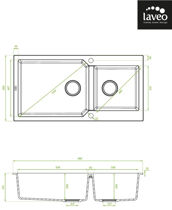 Laveo Milos, 2-komorový granitový dřez 980x500x215 mm, černá, LAV-SPM_B209
