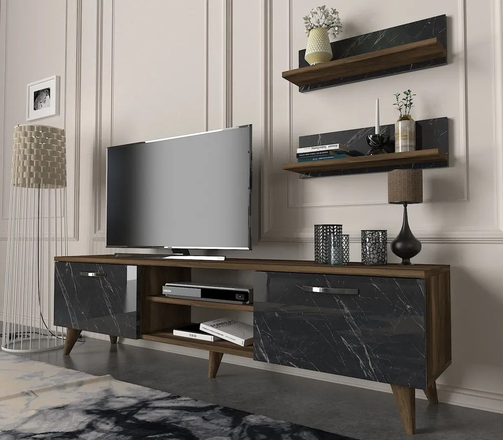 Televizní stolek s policemi KORMAT 150 cm, lamino vlašský ořech a matná bílá