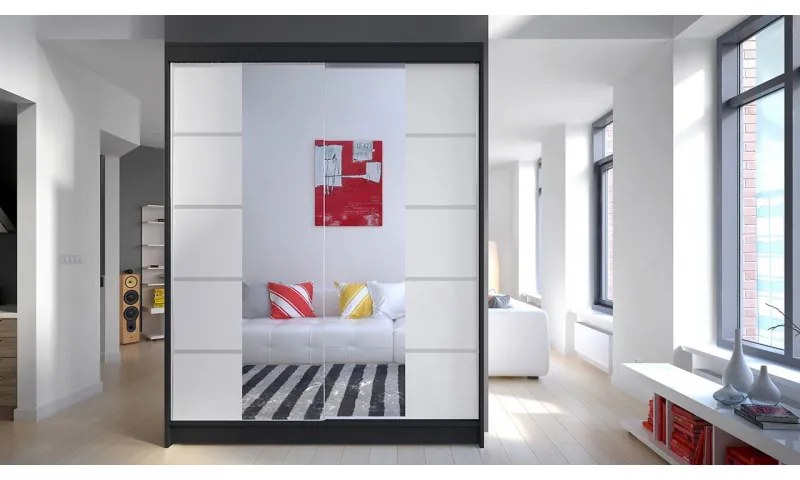 Posuvná skříň Belgia V, Barva: černý + bílá + zrcadlo, Osvětlení: osvětlení LED RGB - barevné