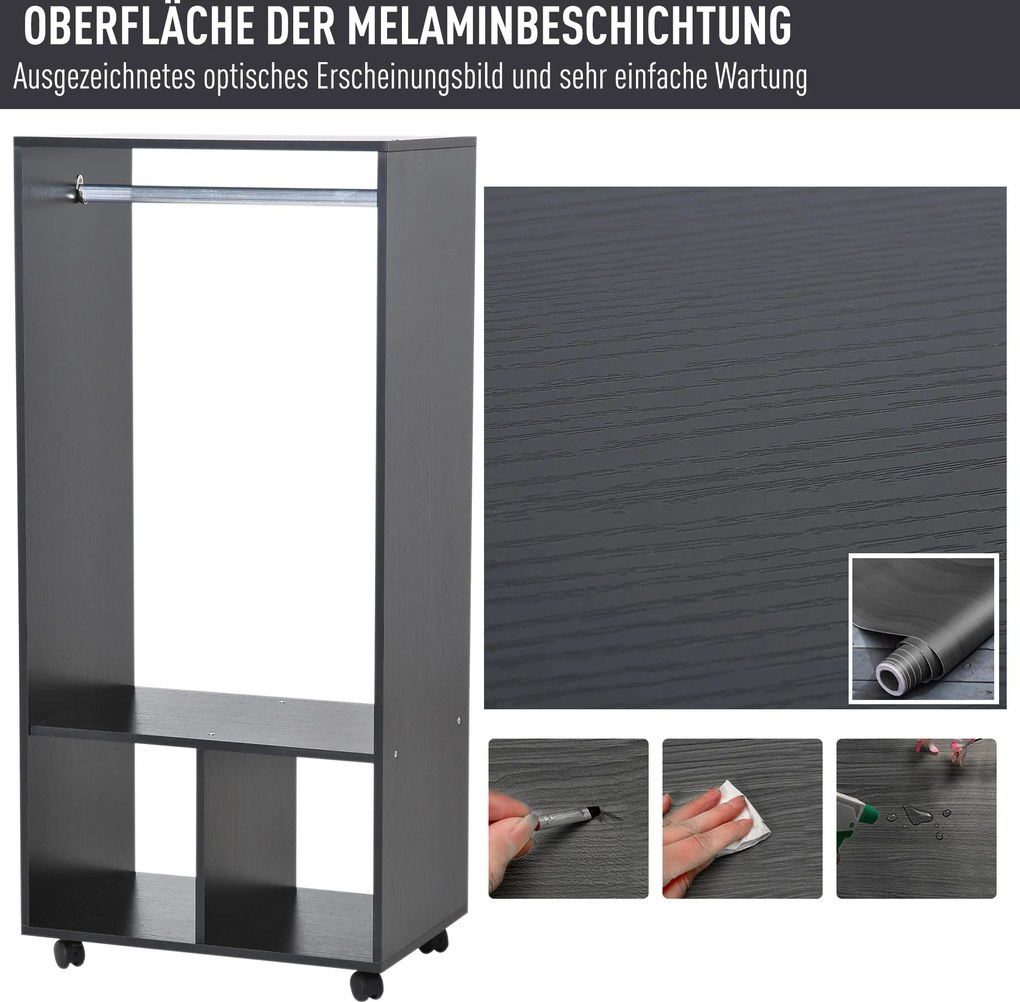 HOMCOM Skříň na kolečkách, Otevřený design s závěsnou tyčí a policemi pro organizaci oblečení do ložnice 60x40x128 cm Černá