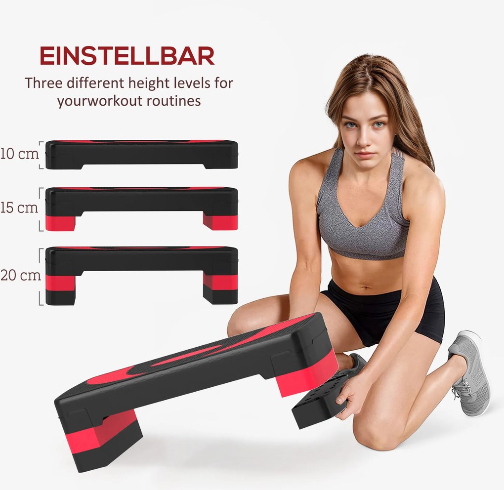 HOMCOM Aerobní stepper, výškově nastavitelné, pro vnitřní i venkovní použití, nosnost až 150 kg, 80 x 31 x 10-20 cm, Červený