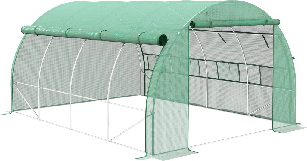 Outsunny Poly Túnel Skleník 4 x 3 x 2 m Skleník pro chůzi s Roll-up Kryty Filmový Túnel UV Ochrana Zelené Ocelové Trubky | Aosom