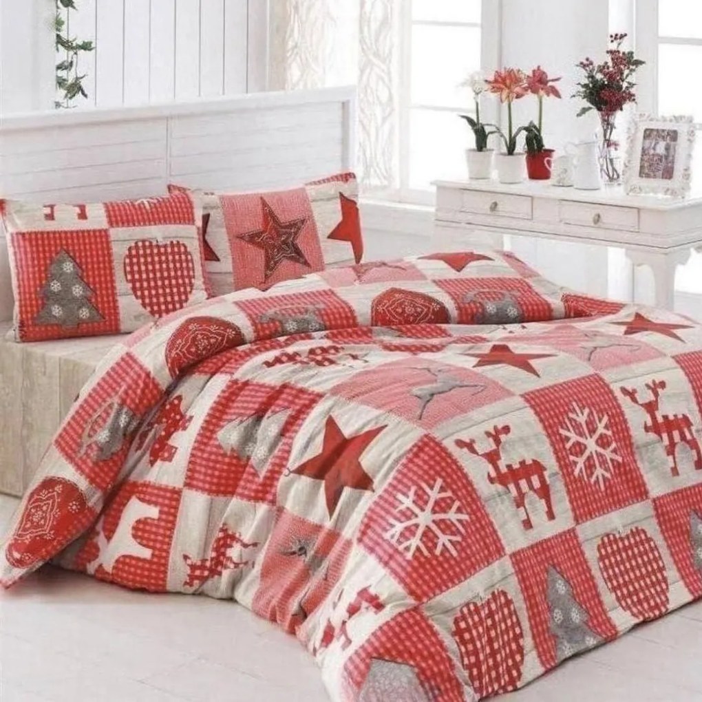 Povlečení bavlněné Vánoční Winter červené TiaHome - 1x Polštář 90x70cm, 1x Přikrývka 140x200cm