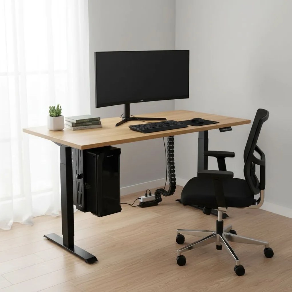 Výškově nastavitelný stůl OfficeTech A, 160 x 80 cm, černá podnož, dub kamenný
