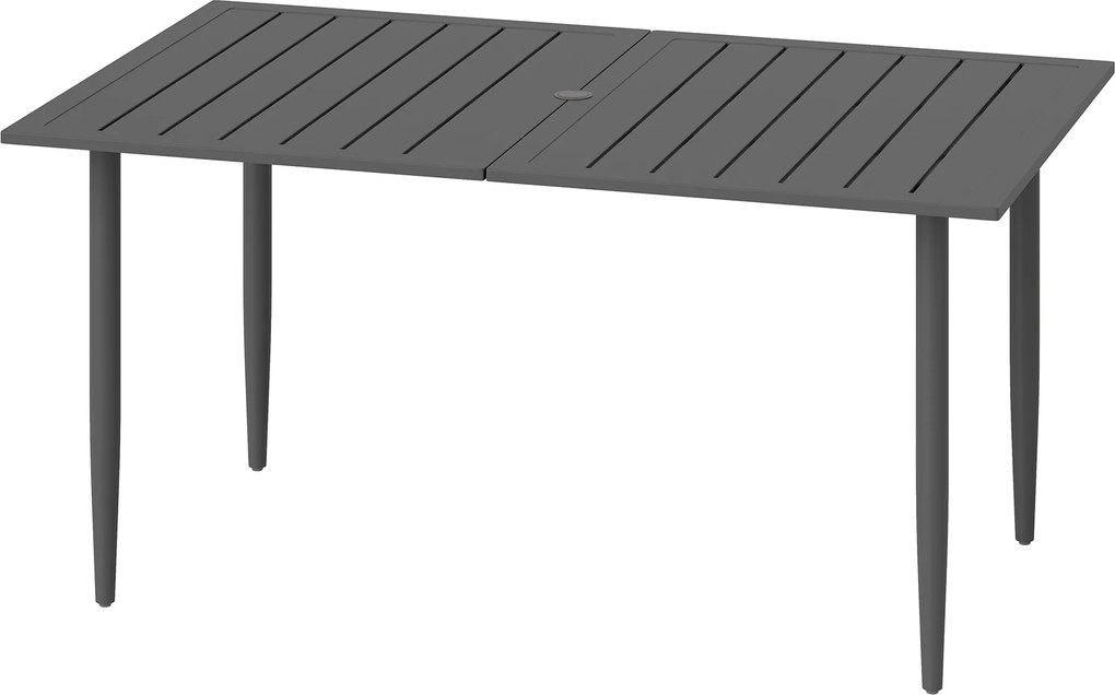 Zahradní stůl Outsunny 150x90cm, odolný ocelový balkonový stůl, balkonový stůl s otvorem pro slunečník, design prken, venkovní kempingový stůl, vedle…
