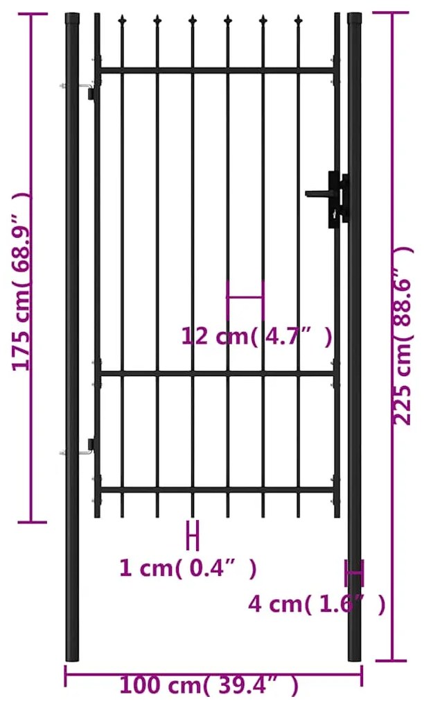 vidaXL Marketos Plotová branka BOXTEL jednokřídlé dveře s hroty nahoře ocel 1x1,75 m černá