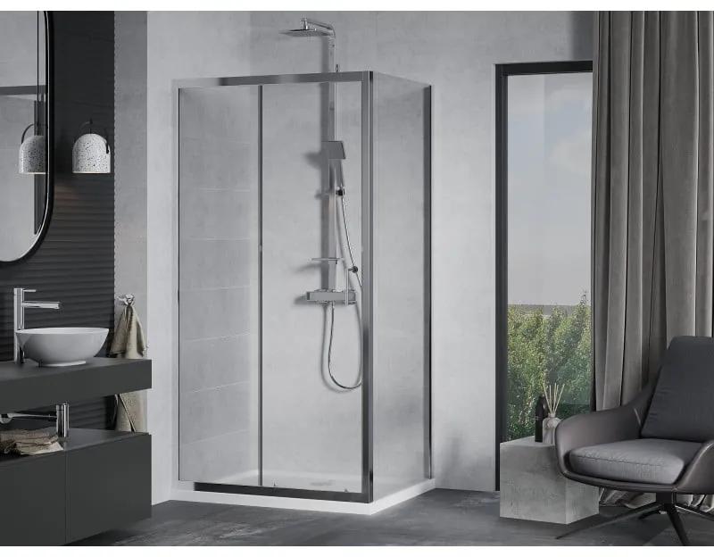 Mexen Apia rozsouvací sprchový kout 90 x 70 cm, Průhledné, Chromovaná + sprchová vanička Flat - 840-090-070-01-00-4010