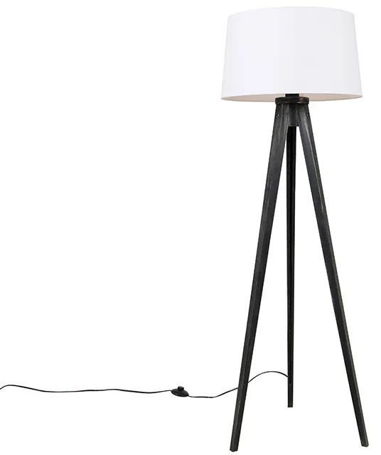 Stojací lampa se třemi nohami černá s lněným stínítkem bílým 45 cm - Tripod Classic