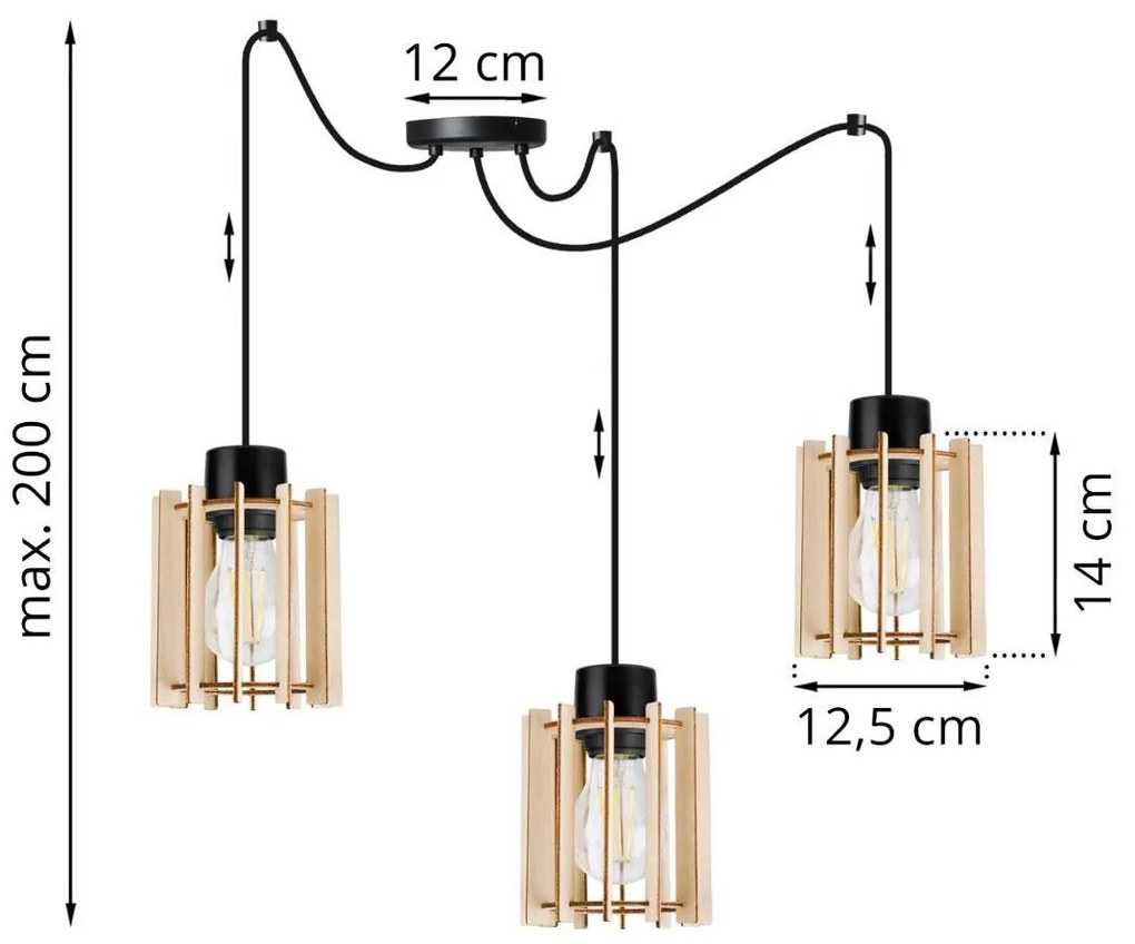 Závěsné svítidlo Timber Spider 7, 3x dřevěné stínítko