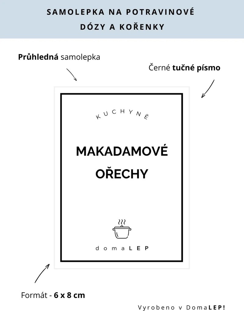 MAKADAMOVÉ OŘECHY – průhledná samolepka na dózu, tučné písmo, 6 x 8 cm | DomaLEP