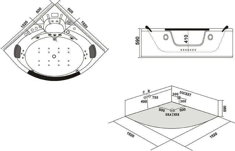 BPS-koupelny Hydromasážní vana HYD-OR632AH 152x152 s ohřevem vody