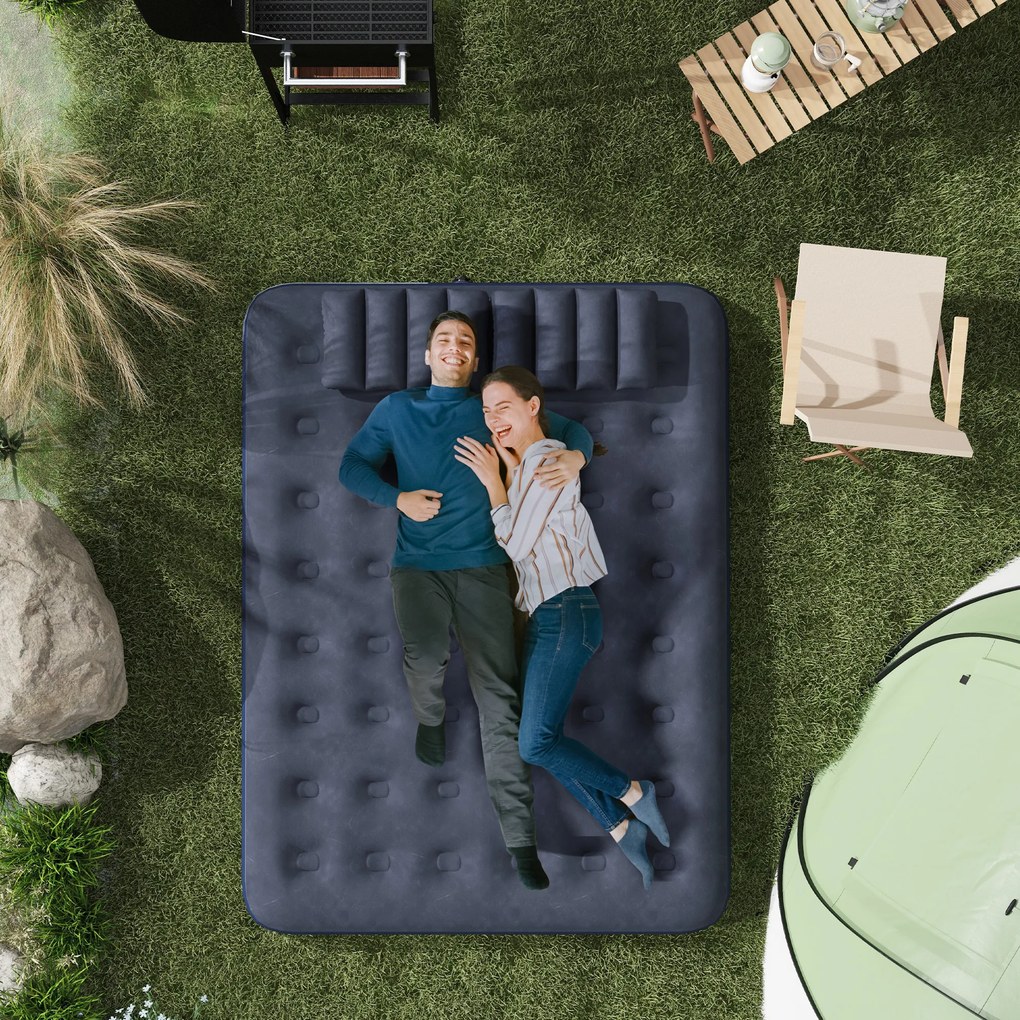 Nafukovací matrace Outsunny Double Air Mattress s ruční pumpou a polštářem, modrá 203x152x22cm pro kempování a hosty | Aosom.de