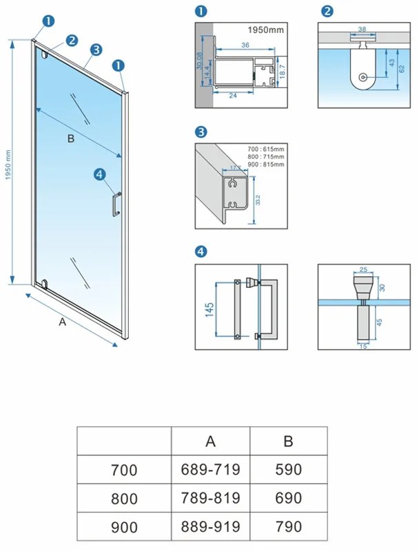 BPS-koupelny Sprchové dveře HYD-DN18C 90 chrom/transparent pro instalaci do niky - bez vaničky