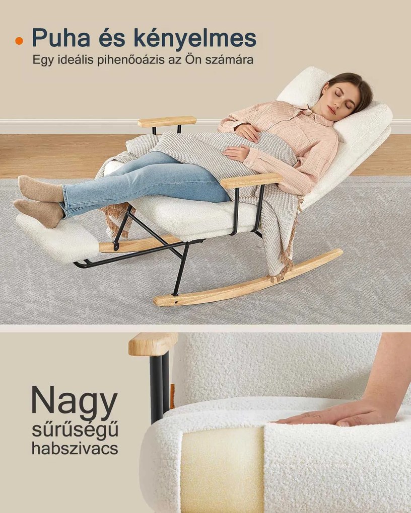 Houpací křeslo s dřevěnými nohami, plyšový potah, 4 stupně nastavení opěradla, bílá