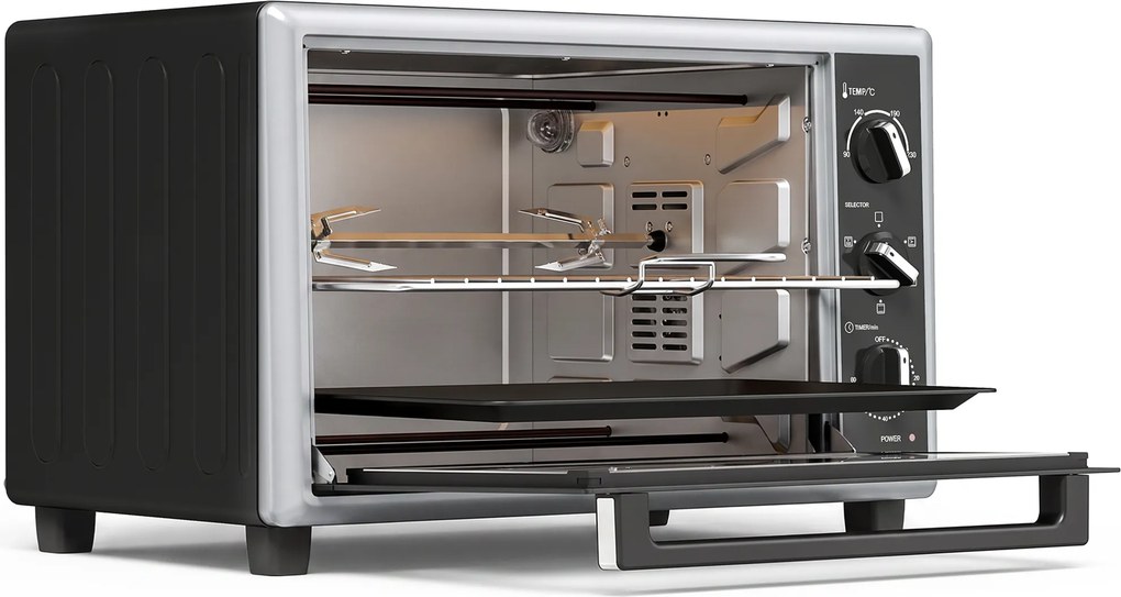 HOMCOM 46 L mini trouba s otočným špízem, ventilátorem, regulací teploty a časovačem, 1800 W, černá