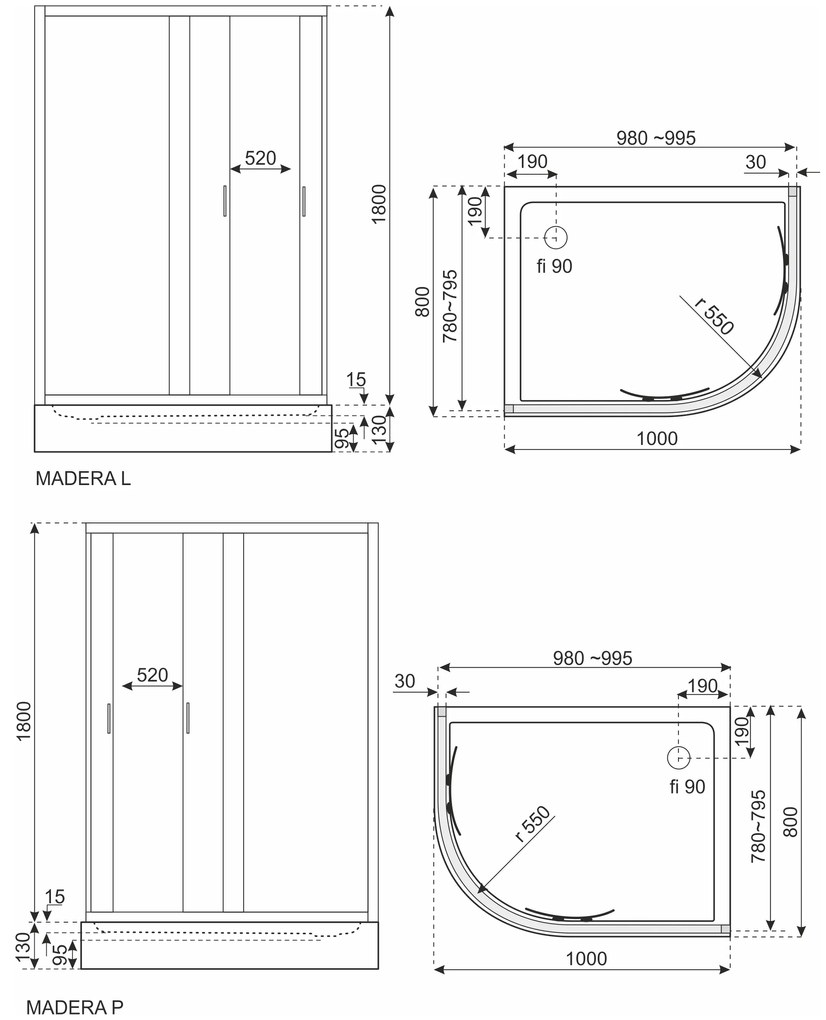 Aplomo Madera 100x80 čtvrtkruhový sprchový kout s vaničkou Orientace: Levá