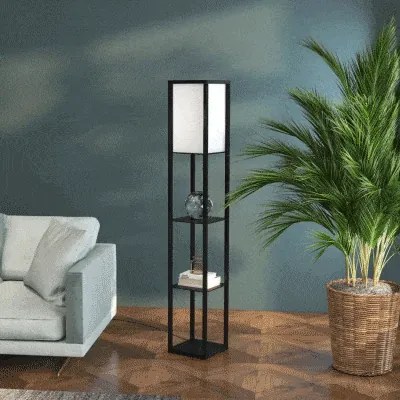HOMCOM Stojací lampa s policemi E27 do 40 W bez žárovky, interiérové osvětlení do obývacího pokoje a ložnice, dřevo v černé barvě, 26x26x160 cm
