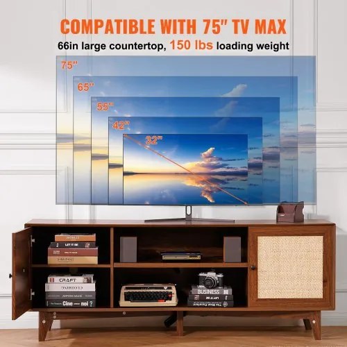 Ratan-TV-Ständer 191 cm Fernseher Boho-TV-Schrank Fernsehschrank Walnuss