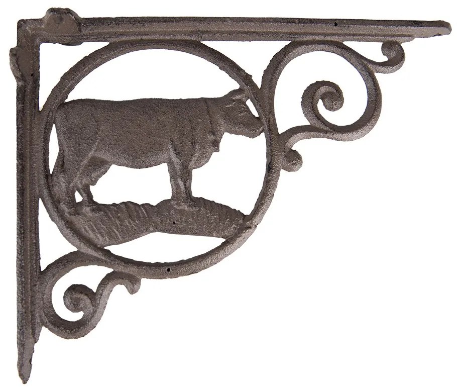 Hnědá nástěnná litinová policová konzole s krávou - 3*24*17 cm