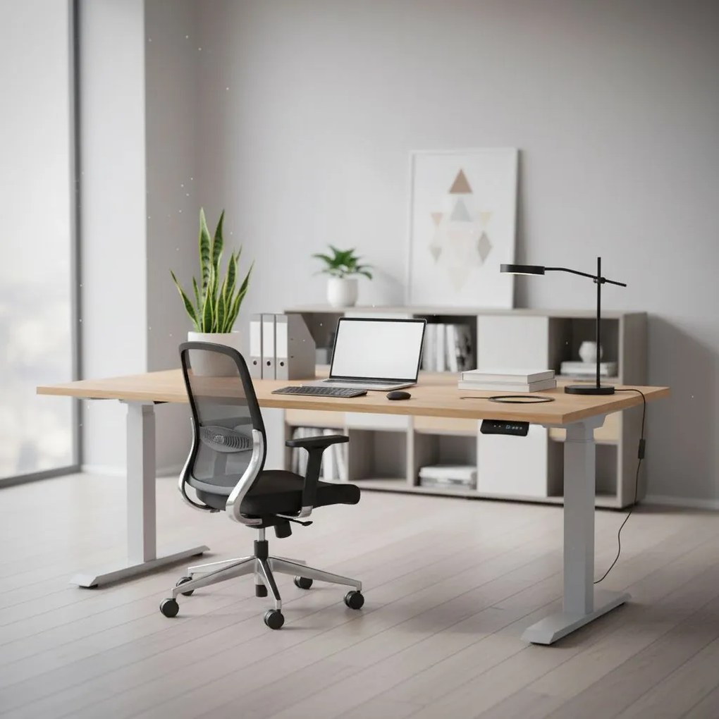 Výškově nastavitelný stůl OfficeTech Long, 240 x 80 cm, šedá podnož, dub kraft