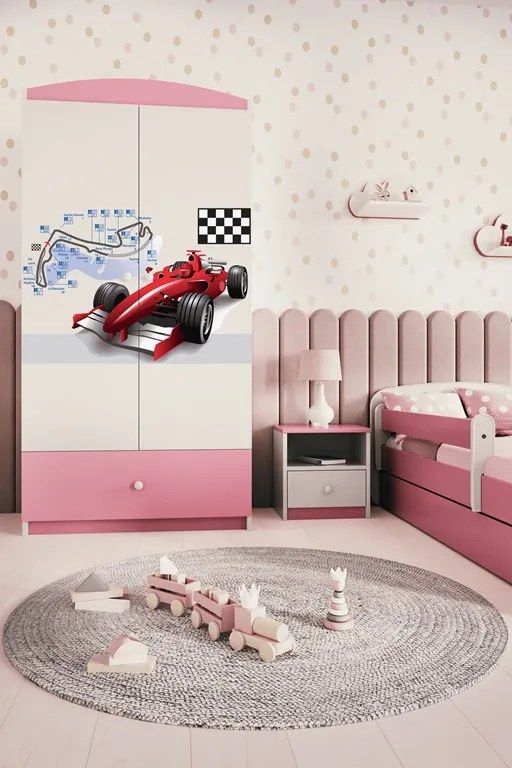 Dětská skříň Babydreams 90 cm závodní auto růžová