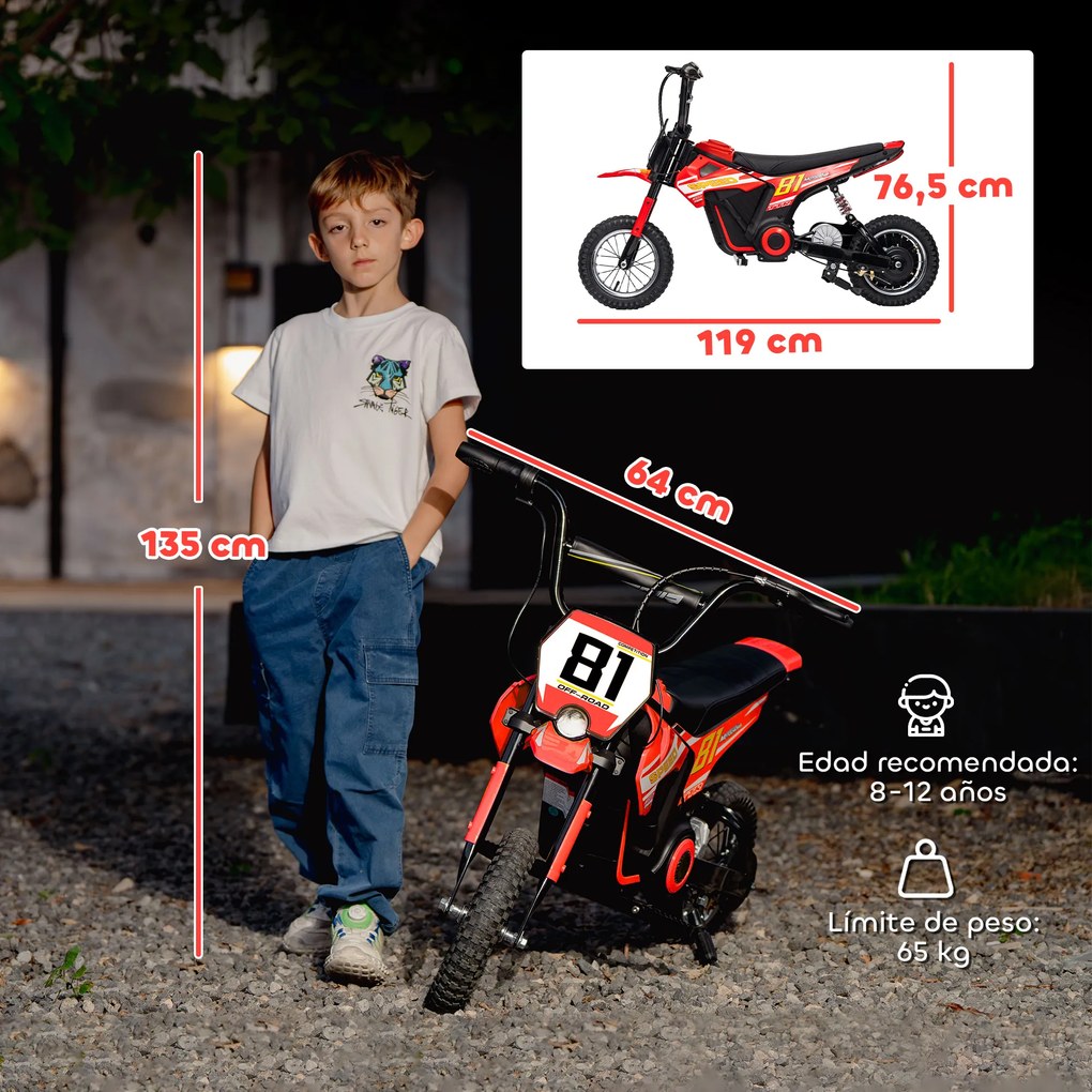 AIYAPLAY dětská elektrická motorka 24V s motorem 250W rychlost 6-16 km/h kola Ø30,48 cm pro děti 8-12 let červená