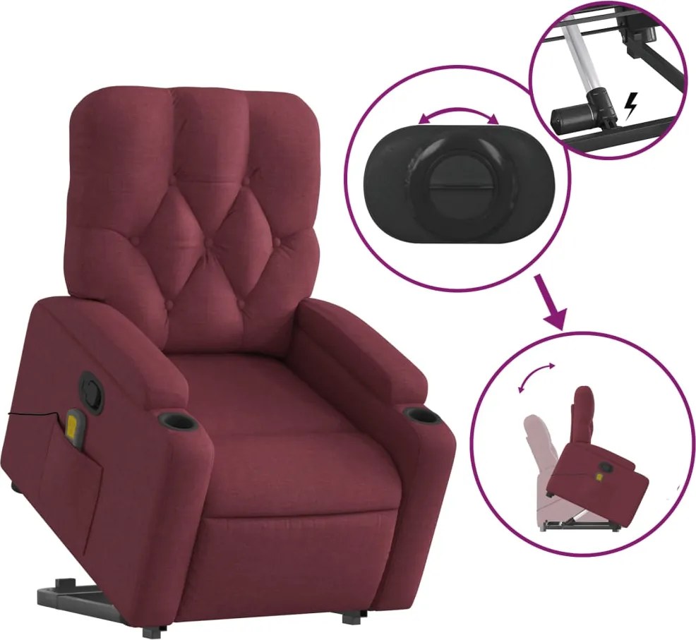Zvedací masážní polohovací křeslo vínové textil 3204725