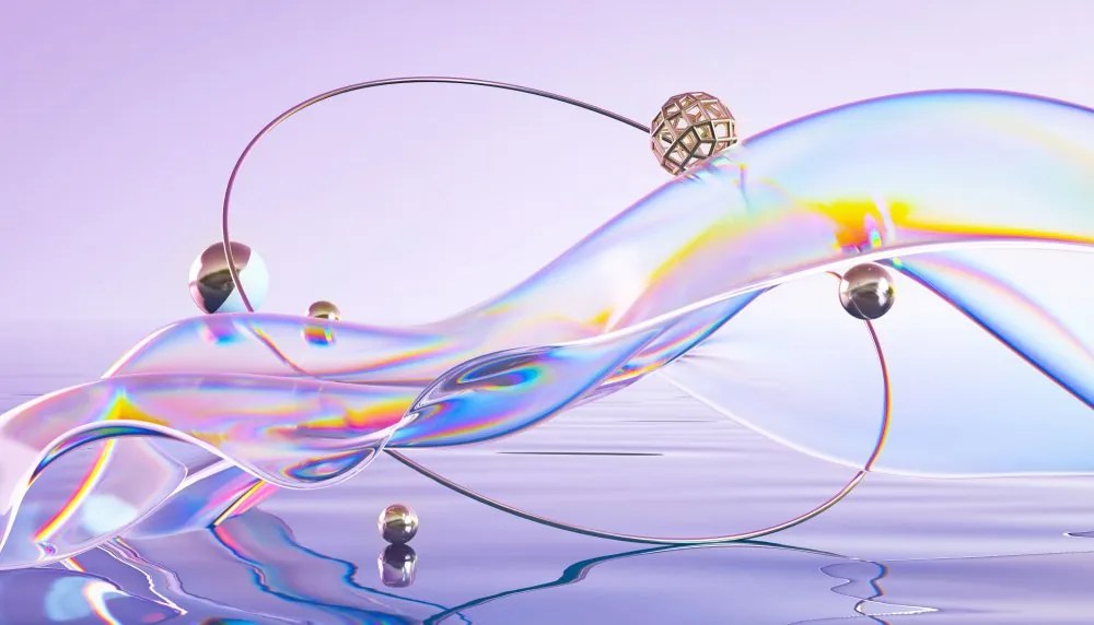 Fototapeta Abstract 3D Render. Glass Ribbon On Water With Geometric Circle And Spheres. Holographic Shape In Motion. Iridescent Digital Art For Banner Background, Wallpaper. Transparent Glossy Design Element. Omyvatelný vlies 405x270