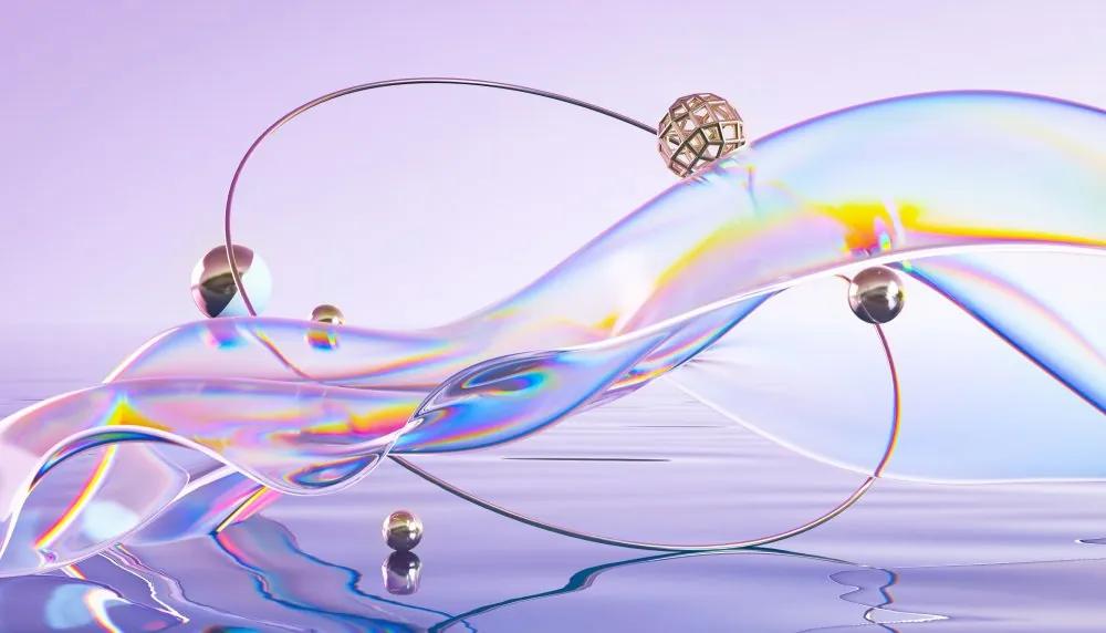 Fototapeta Abstract 3D Render. Glass Ribbon On Water With Geometric Circle And Spheres. Holographic Shape In Motion. Iridescent Digital Art For Banner Background, Wallpaper. Transparent Glossy Design Element. Samolepící tapety 368x280