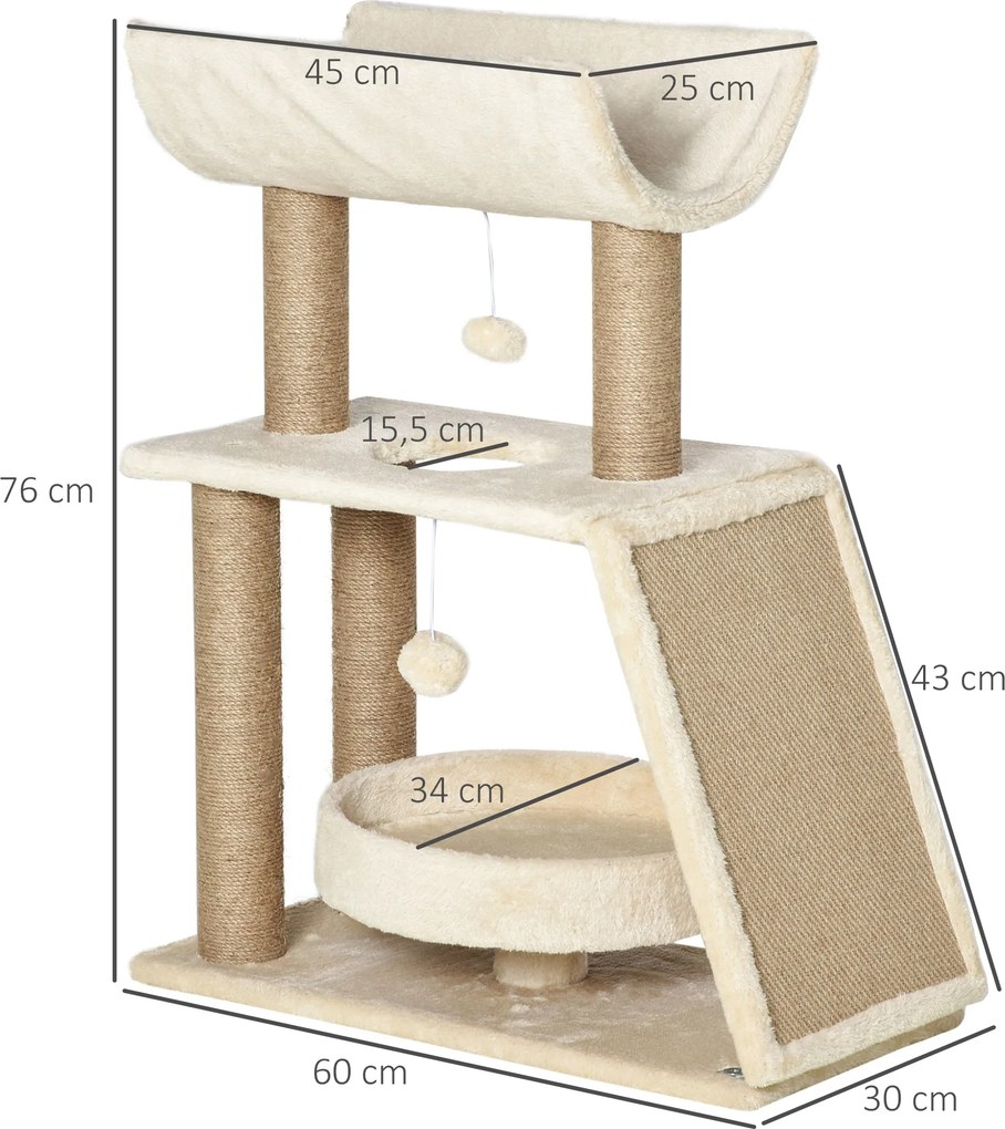 PawHut škrabadlo pro kočky malé 76 cm s míčkem a hrazdičkou, vnitřní šplhací věž s pelíškem a škrabací deskou, světle hnědá pro kočky do 5 kg | Aosom…