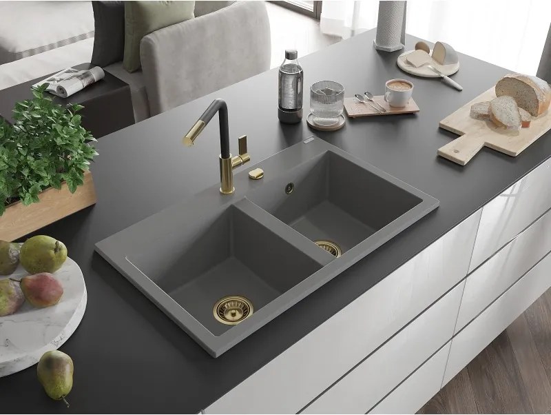 Mexen Hektor, 2-komorový granitový dřez 800x480x205 mm, šedá, zlatý sifon, 6521802000-71-G