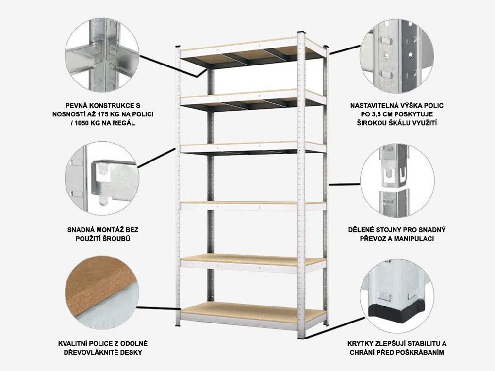 Fistar Regál 2400x900x400 mm kovový zinkovaný 6-policový, nosnost 1050 kg