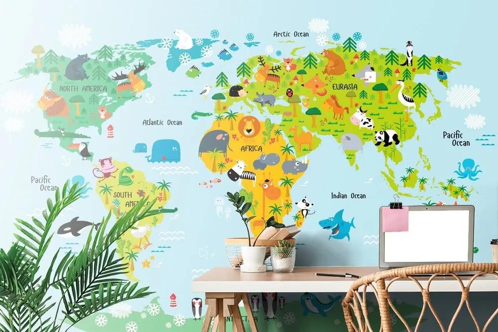 Samolepící tapeta dětská mapa světa se zvířátky - 450x300 cm