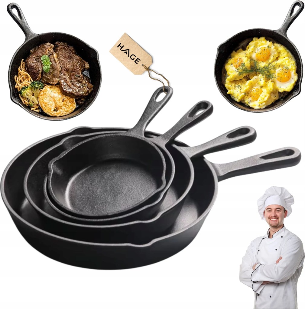 Set Litinových Pánví 16,20,25,30 cm Indukce Ohniště Gril Plynová Pánev