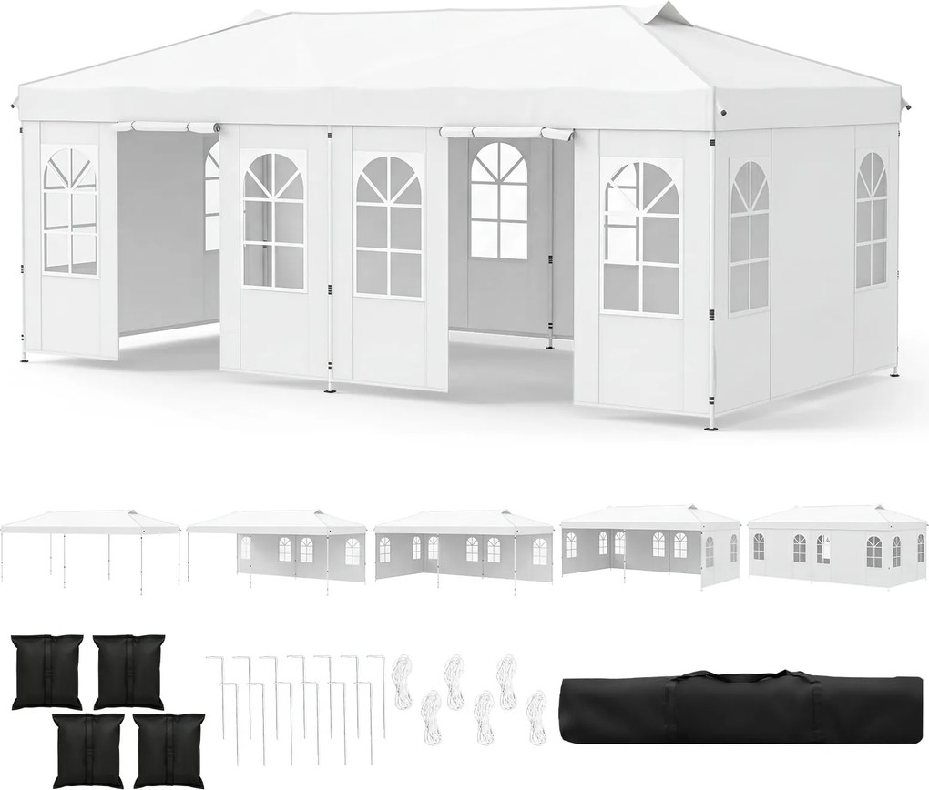 Costway Pavilon výškově nastavitelný párty stan s 6 bočními stěnami a bílými
