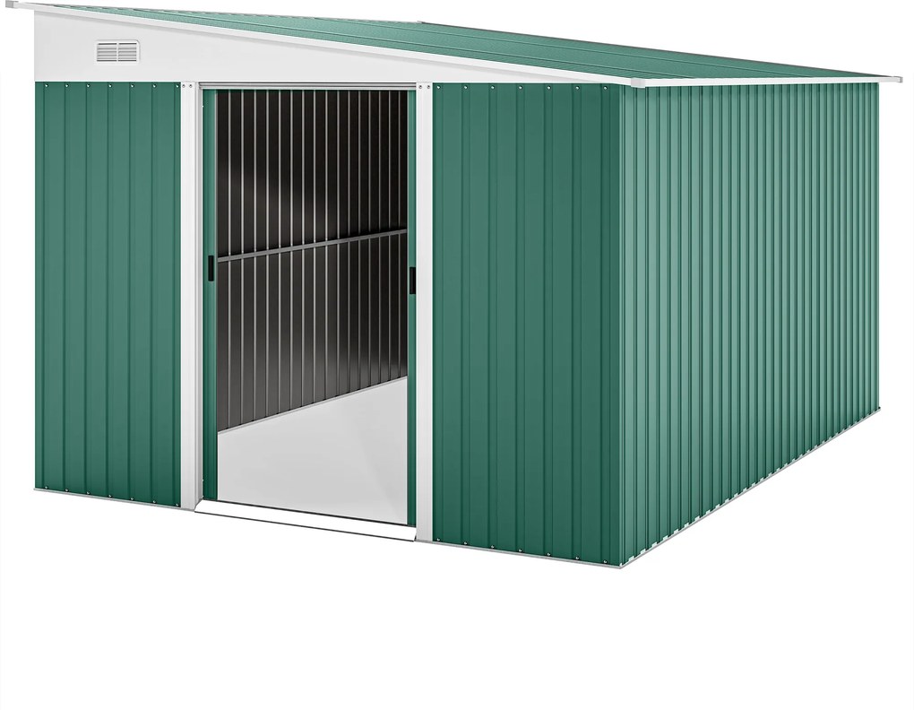 Outsunny Kovový zahradní domek se šikmou střechou a zamykatelnými dvojitými dveřmi 2,8 x 3,45 x 2,01 m, zelený