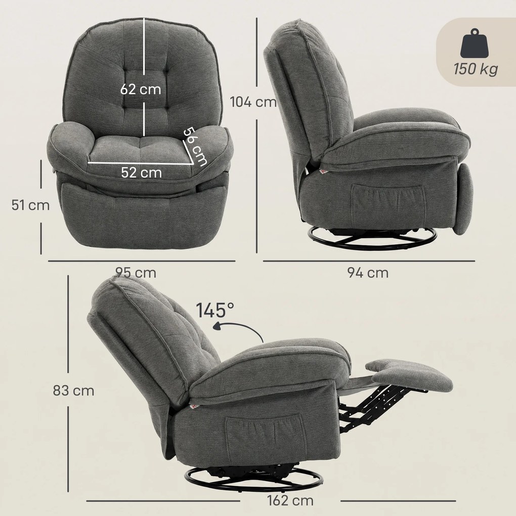 HOMCOM relaxační polohovací křeslo s otáčením 360° a houpáním, manuální chenille, široké sedadlo, vysoké opěradlo, opěrka nohou a boční kapsy, světle…