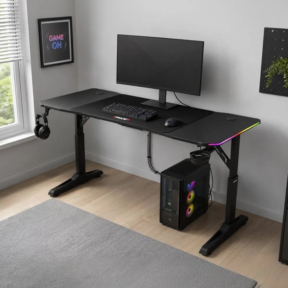 Výškově nastavitelný herní stůl ERACER H1214 — 140x60 cm, kov, melamin, černá, RGB podsvícení