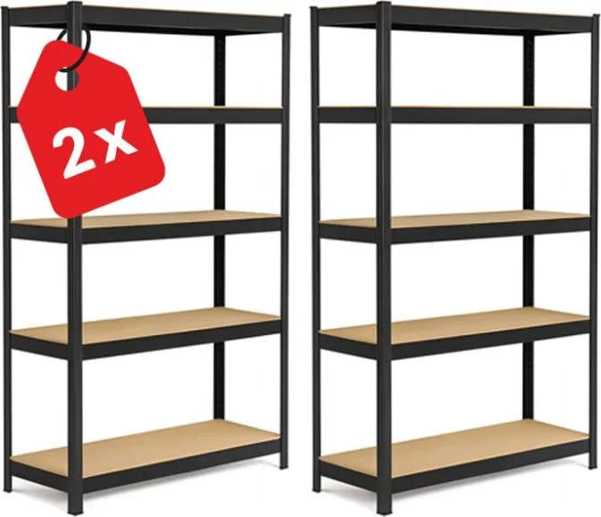 Regál 180x90x40 cm lakovaný 5-policový, nosnost 875 kg - černý - 2ks