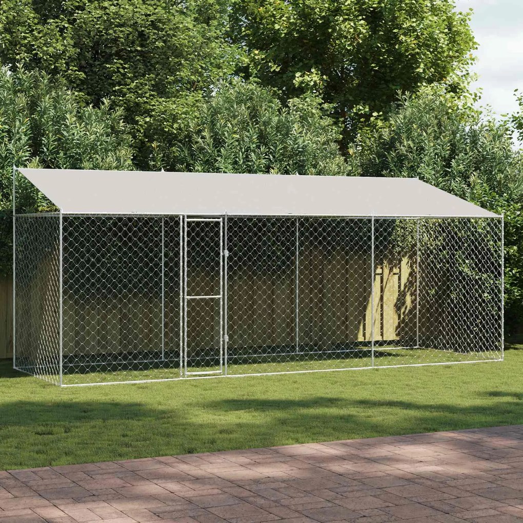 Psí klec s střechou Stříbrná 600 x 200 x 256 cm Ocel a PE 3368302