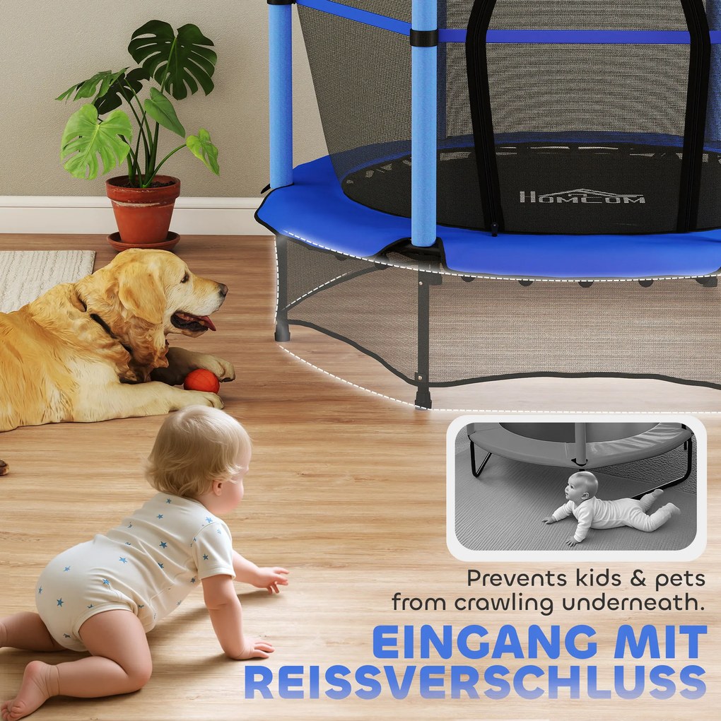 HOMCOM dětská trampolína Ø140 cm, trampolína s ochrannou sítí, kryt hran, zahradní trampolína pro děti 3-10 let, max. zatížení 50 kg, modrá barva