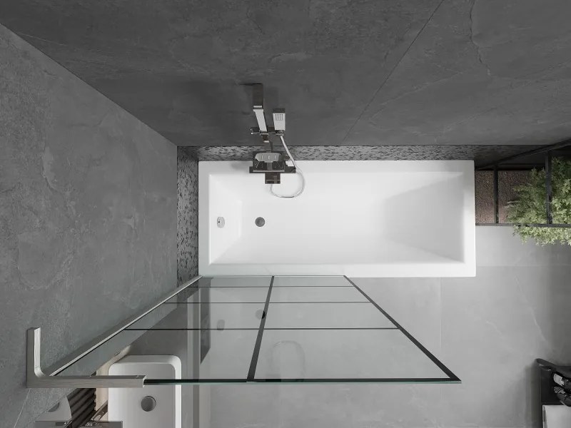Mexen Next L, 1-křídlová vanová zástěna 90 x 150 cm, 6mm čiré sklo-černý vzor, 6mm čiré sklo, profil broušená ocel, 895-090-000-03-77-97