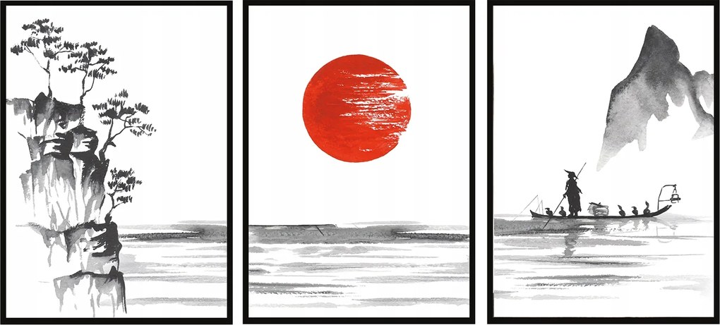 Obraz Plakáty V Rámu 33x43 cm Triptyk Sada 3 obrazů Sada Japonsko P724