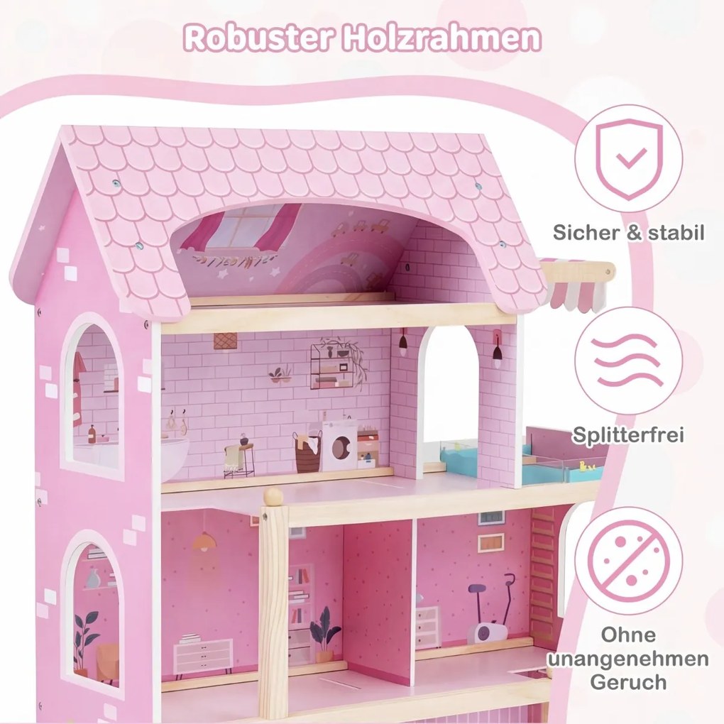 Costway Dětský dřevěný domeček pro panenky s 33 kusy nábytku Domeček na hraní