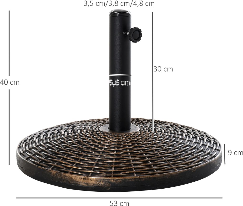 Outsunny stojan na slunečník 25 kg držák na slunečník ratanový vzhled stojan s košem na slunečníky Ø35/Ø38/Ø48 mm antický bronz Ø53 x 40 cm |
