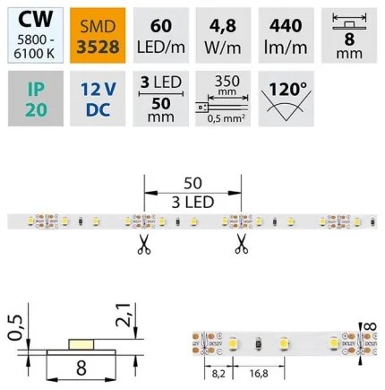 LED pásek McLED 12V studená bílá š=8mm IP20 4,8W/m 60LED/m SMD3528 ML-121.206.60.2