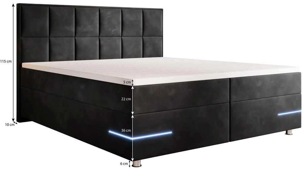 K&M postele Boxspring postel MILANO bez úložného prostoru s LED Velikost postele: 140 × 200 cm, Výběr matrace: Oboustranná pružinová matrace - středn…