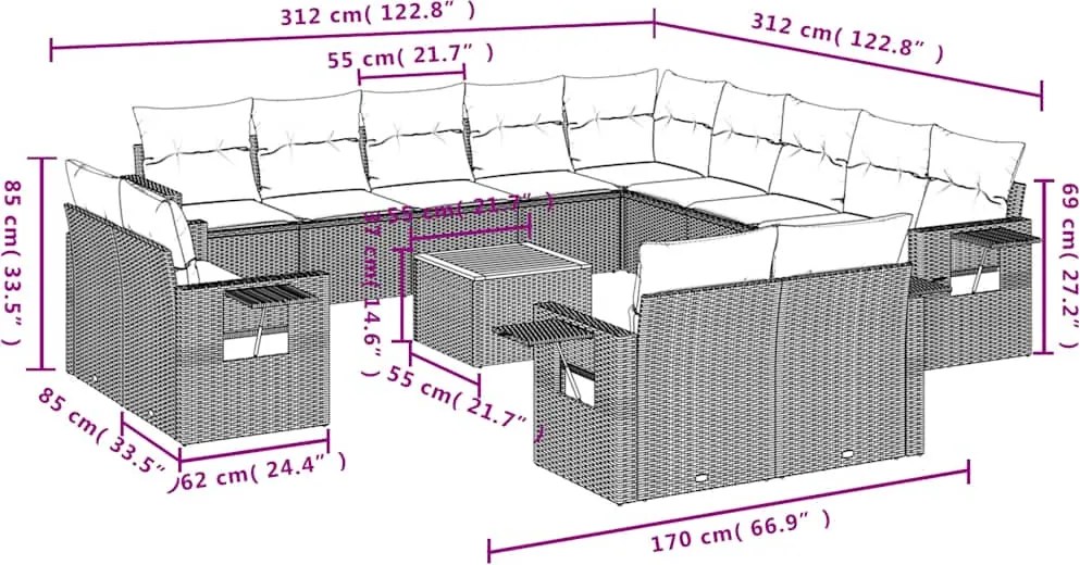 14dílná zahradní sedací souprava s poduškami černá polyratan 3257168