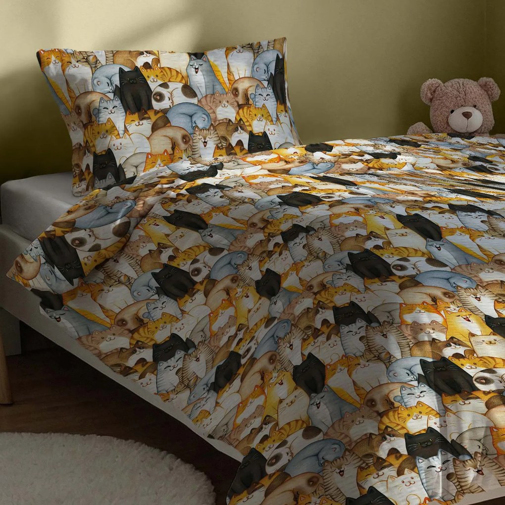 Krepové perkálové povlečení Kočky Velikost: 140 x 200 + 70 x 90